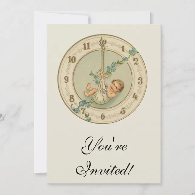 Vintage New Years Baby Clock Invitation | Zazzle