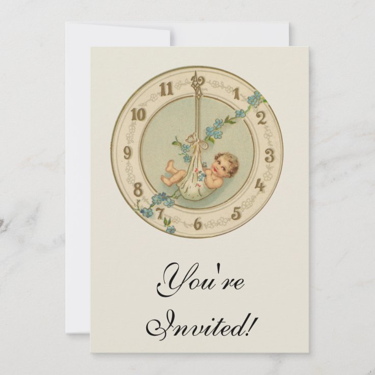 Vintage New Years Baby Clock Invitation | Zazzle