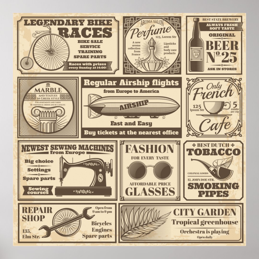 Vintage newspaper banners and advertising labels v poster | Zazzle