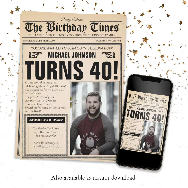 Vintage Newspaper Fun Custom Photo 40th Birthday Invitation | Zazzle