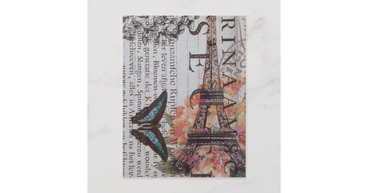 vintage newspaper scripts Paris eiffel tower Postcard | Zazzle