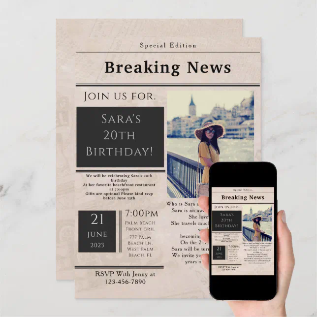 Vintage Newspaper Style Photo Birthday Invitation | Zazzle