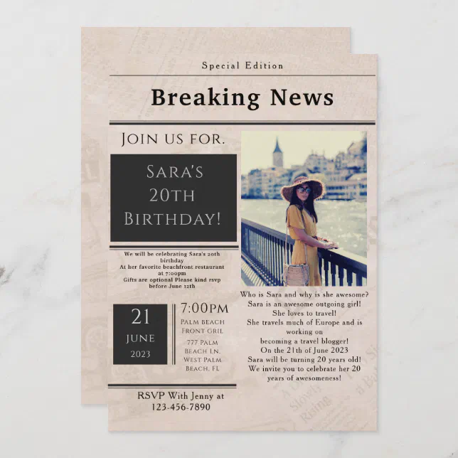 Vintage Newspaper Style Photo Birthday Invitation | Zazzle