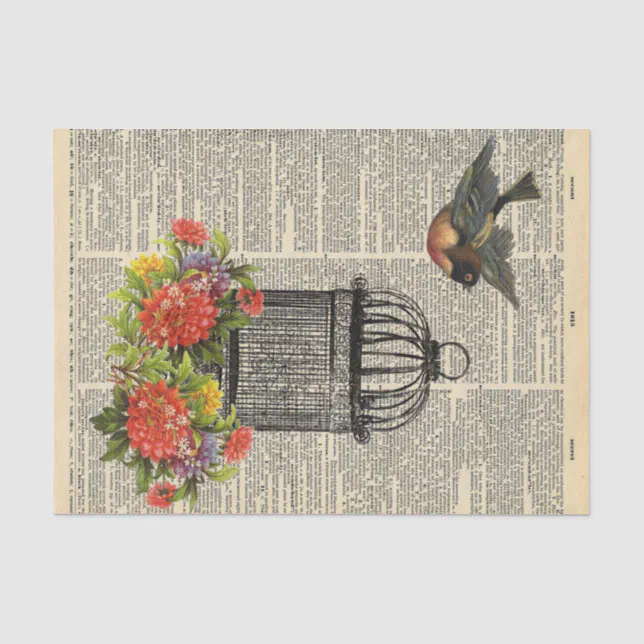 Vintage Newspaper with cage bird Decoupage Tissue Paper | Zazzle