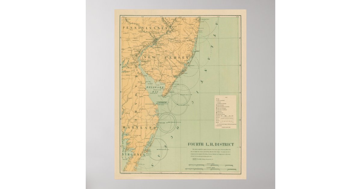 Vintage NJ, MD & Delaware Bay Lighthouse Map (1897 Poster | Zazzle