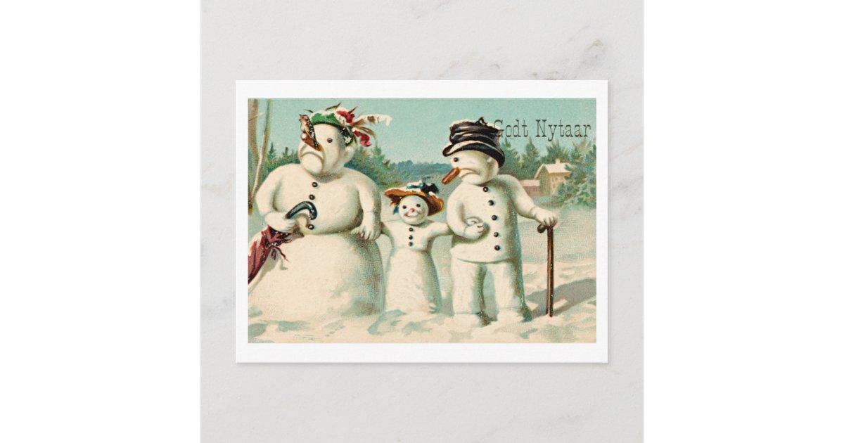 Vintage Norwegian New Year's with snowman family Postcard | Zazzle