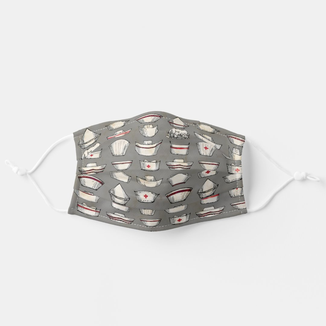 Vintage Nurse Caps on Gray Pattern Adult Cloth Face Mask | Zazzle