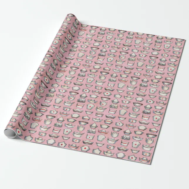 Vintage Nurse Caps Pink Pattern Wrapping Paper | Zazzle