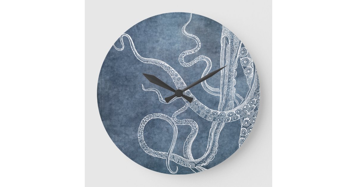 Vintage Octopus Twilight Blue Denim Watercolor Squ Large Clock | Zazzle