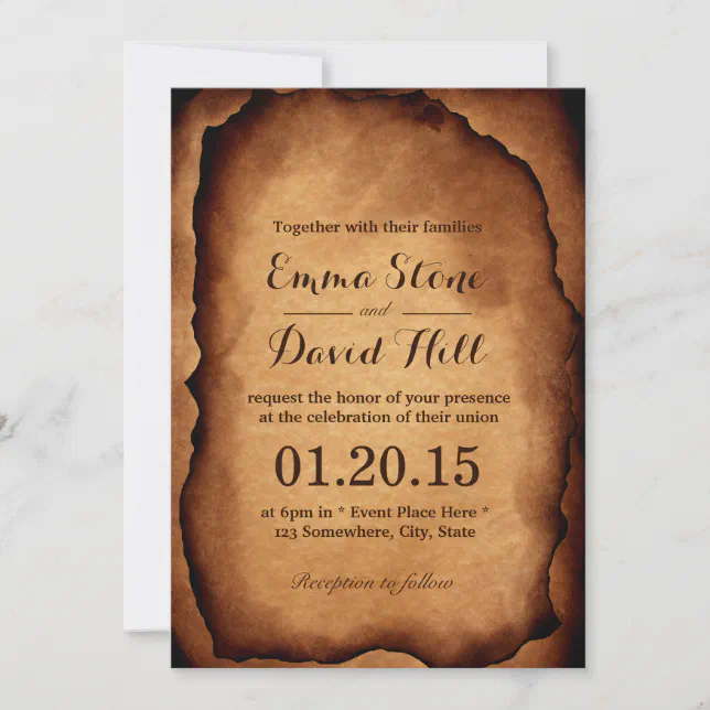 Vintage Old Burned Paper Wedding Invitations | Zazzle