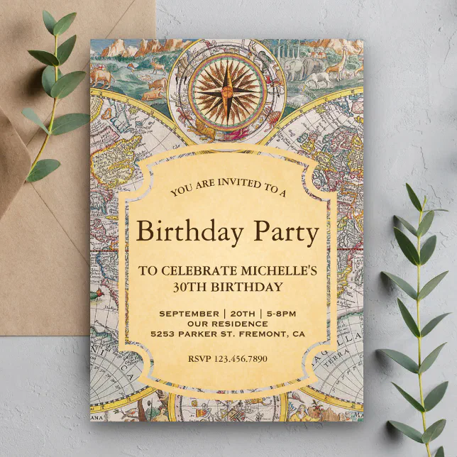 Vintage Old Compass World Map Birthday Party Invitation | Zazzle