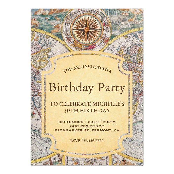 Vintage Old Compass World Map Birthday Party Invitation | Zazzle.com