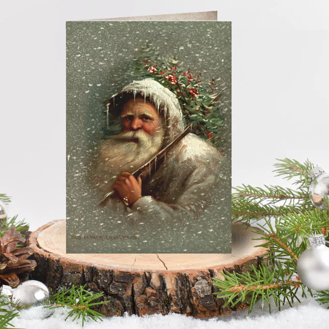 Vintage Old Father Christmas in Snow Holiday Card | Zazzle