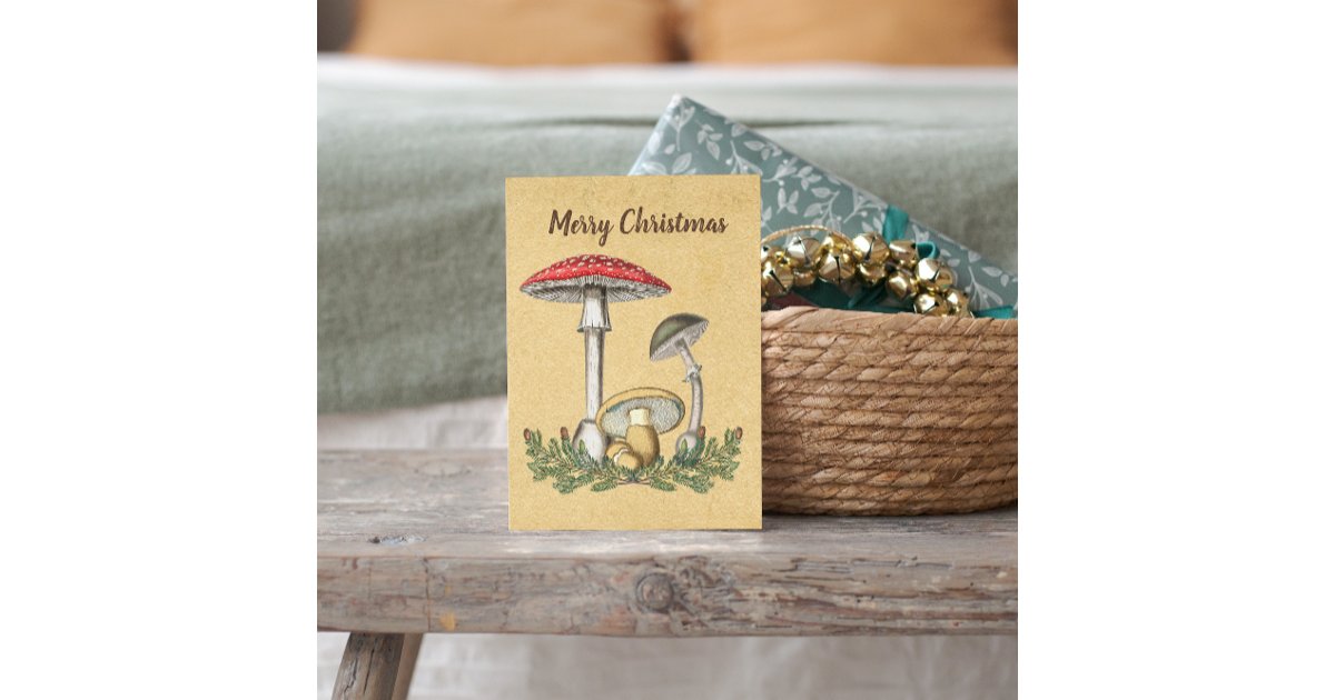 Vintage old mushrooms fungi brown christmas holiday card | Zazzle