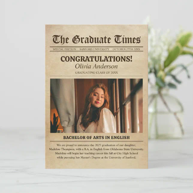 Vintage Old Newspaper Photo Graduation Announcement | Zazzle