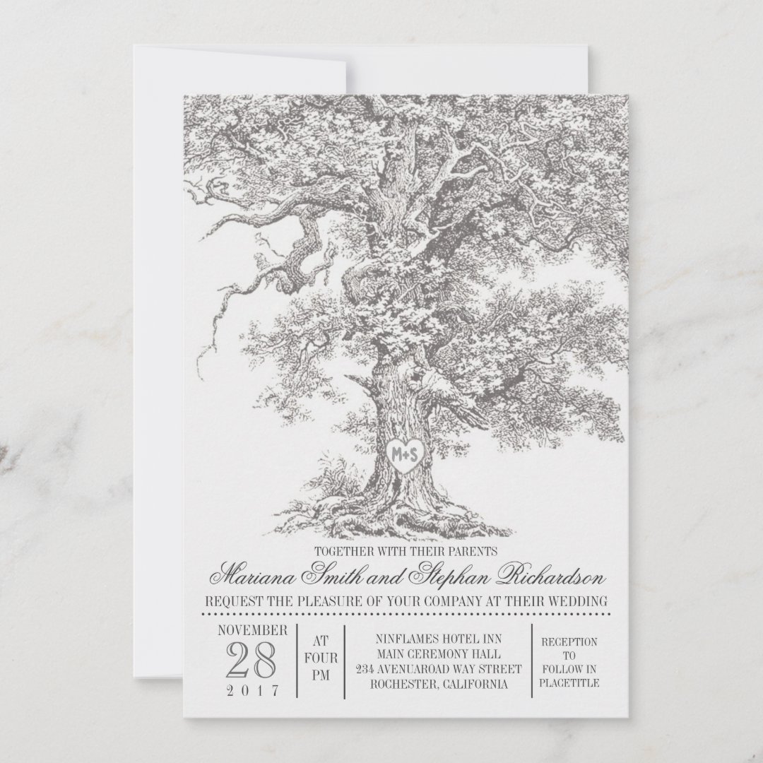 Vintage old oak tree rustic wedding invitations | Zazzle