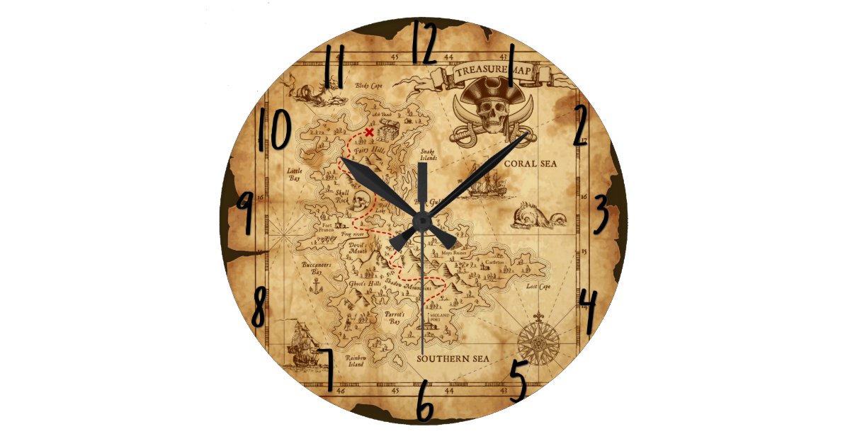 Vintage Old Pirate Treasure Map X Marks the Spot Large Clock | Zazzle.com