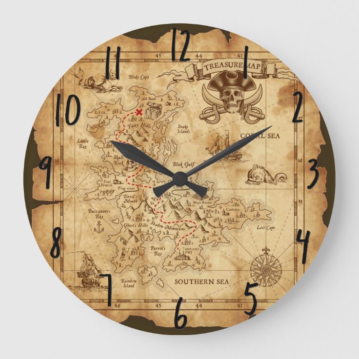 Vintage Old Pirate Treasure Map X Marks the Spot Large Clock | Zazzle