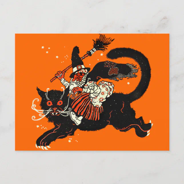 Vintage Old Witch Riding to Black Cat Postcard | Zazzle