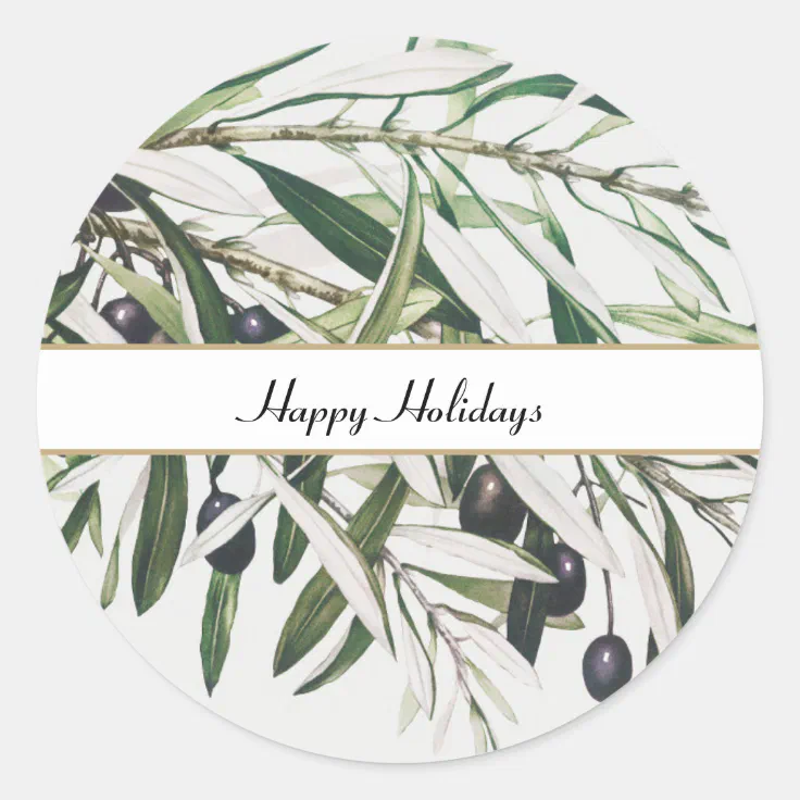 Vintage Olive Branch Happy Holidays Classic Round Sticker | Zazzle