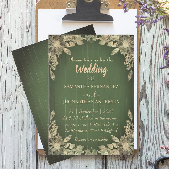 Vintage Olive Green Wood Style Gold Flower Wedding Invitation | Zazzle