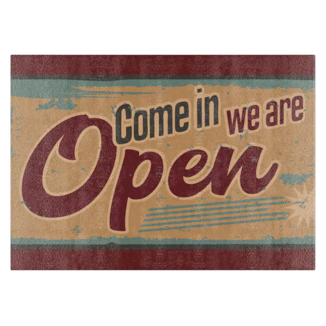 Vintage open business sign retro cafe garage cutting board | Zazzle