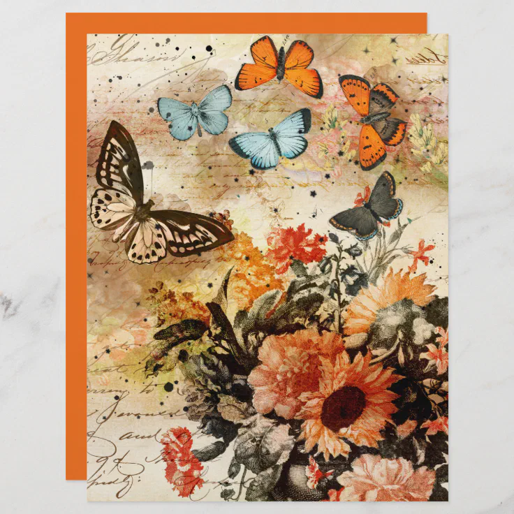 Vintage Orange Butterflies Collage Scrapbook Paper | Zazzle