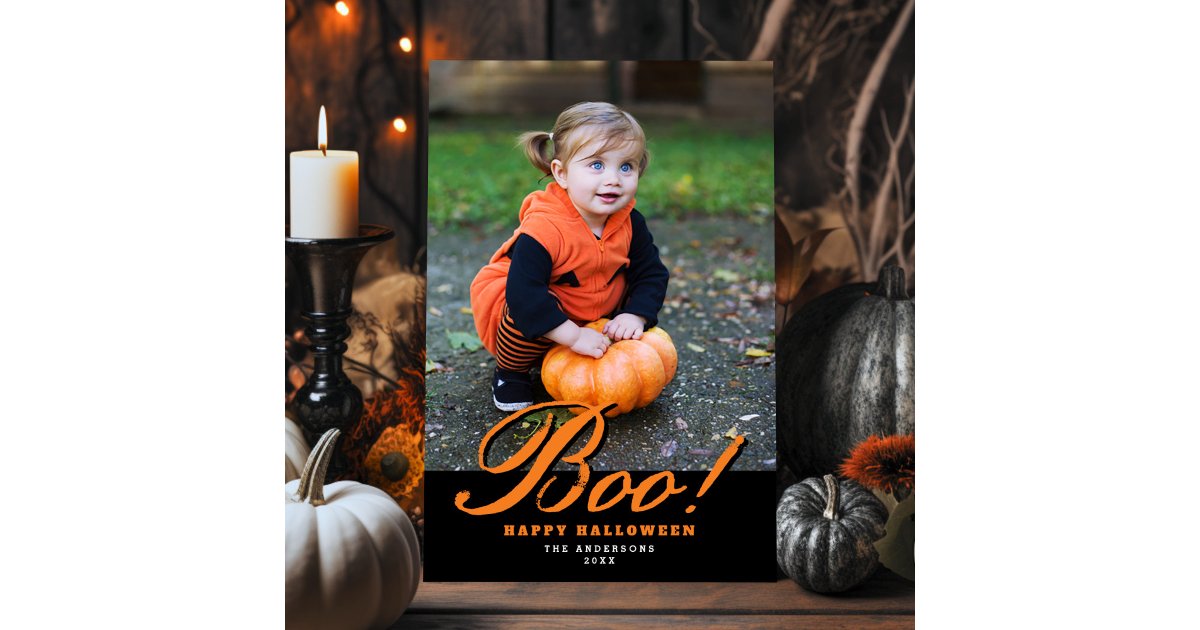 Vintage Orange Script Boo! Halloween Photo Holiday Card | Zazzle