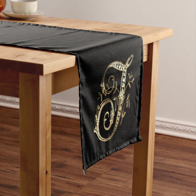 Vintage Ornate Gold Monogram T Short Table Runner | Zazzle