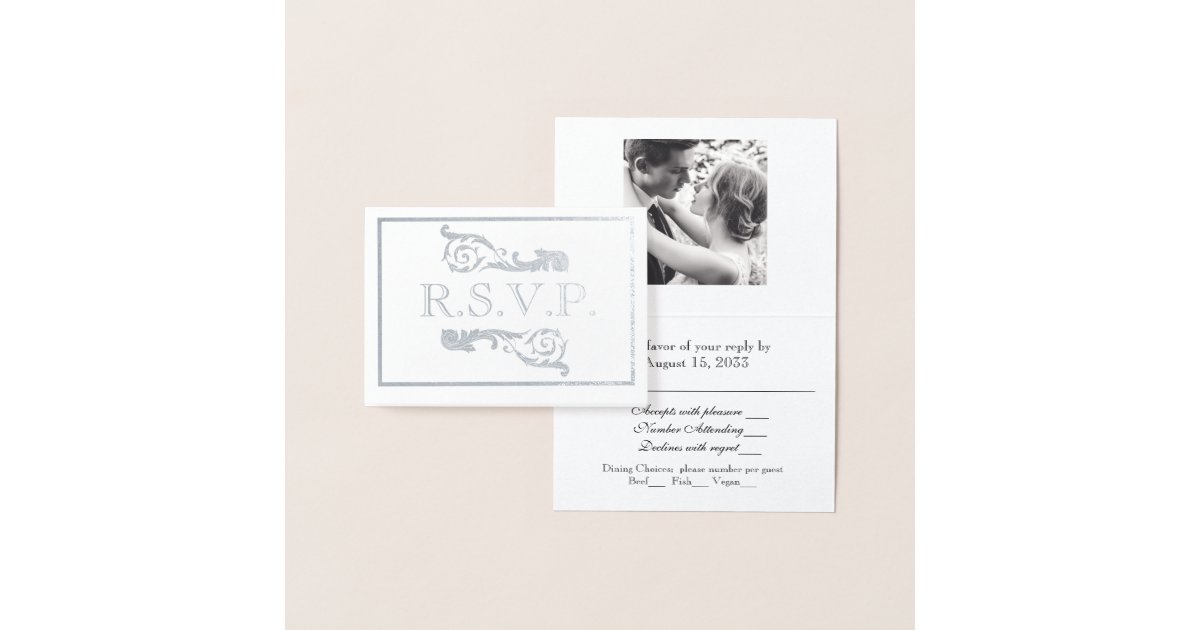 Vintage Ornate Silver Flourish Gray RSVP Foil Card | Zazzle