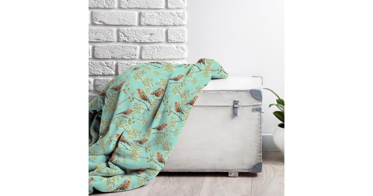 Vintage Painted European Robin Bird Pattern Fleece Blanket | Zazzle
