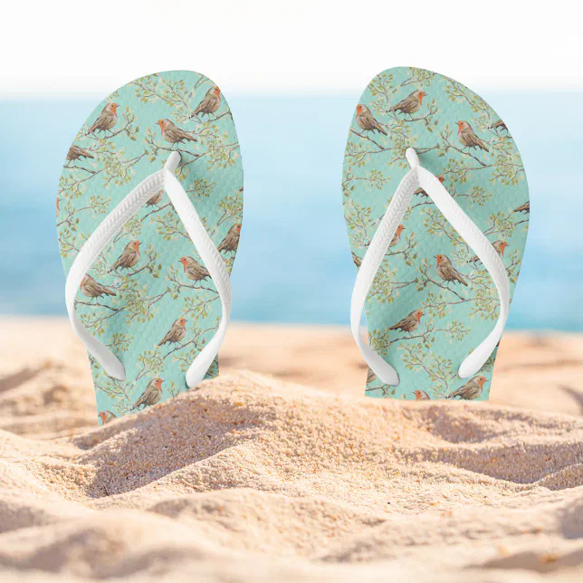 Vintage Painted European Robin Bird Pattern Flip Flops | Zazzle
