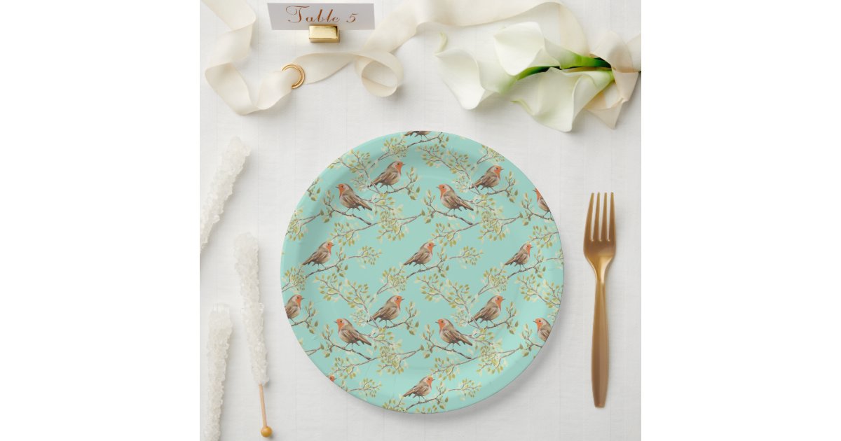 Vintage Painted European Robin Bird Pattern Paper Plates | Zazzle