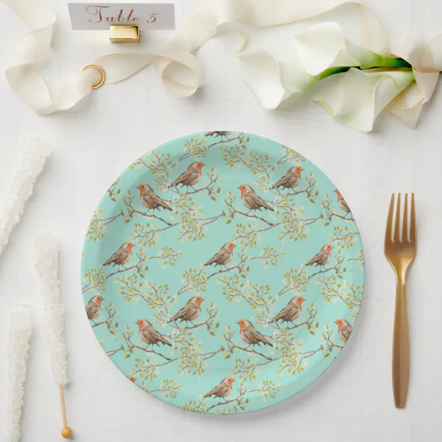 Vintage Painted European Robin Bird Pattern Paper Plates | Zazzle