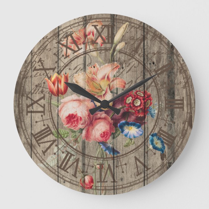 Vintage painted flower large clock | Zazzle