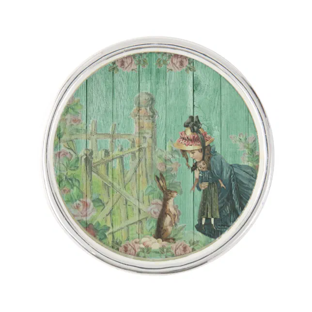 Vintage Painted Rustic Easter Rabbit Scene Lapel Pin | Zazzle