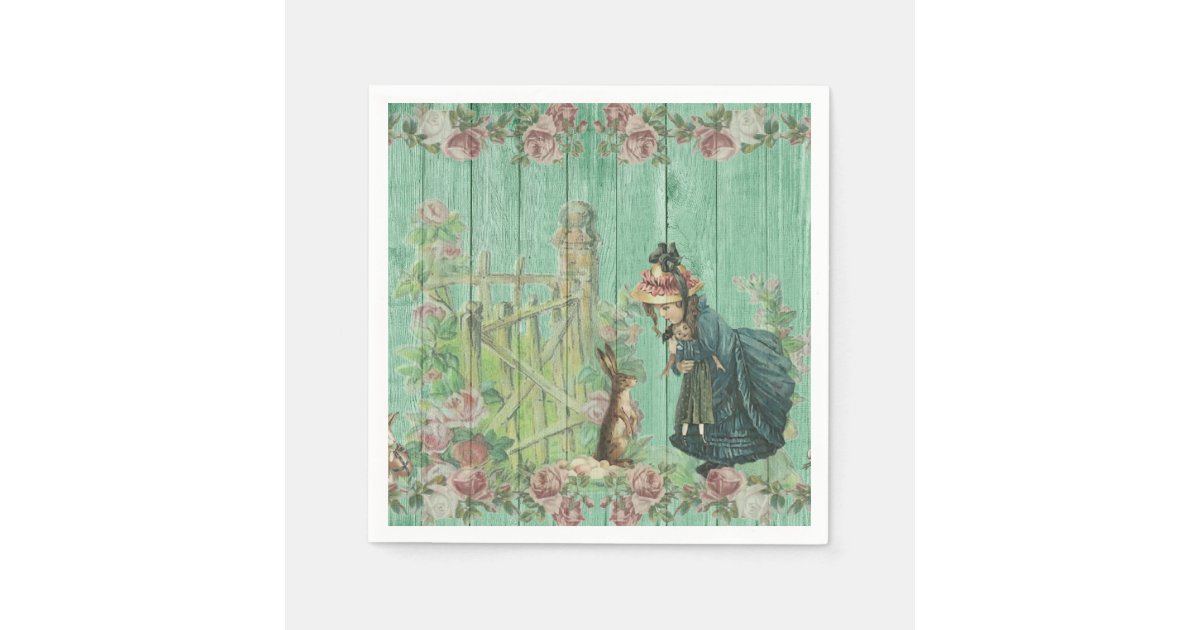 Vintage Painted Rustic Easter Rabbit Scene Napkins | Zazzle