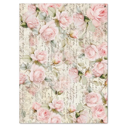 Vintage Pale Pink Roses Old Letter Decoupage Tissue Paper | Zazzle