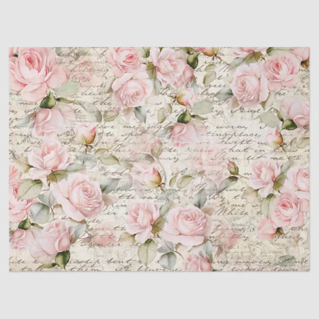 Vintage Pale Pink Roses Old Letter Decoupage Tissue Paper | Zazzle
