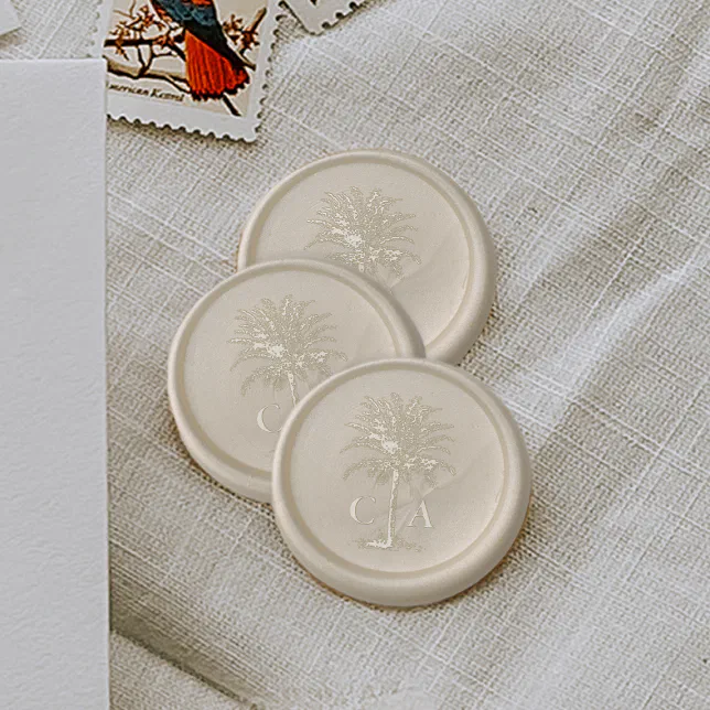 Vintage Palm Tree Couples Wedding Monogram Wax Seal Sticker | Zazzle