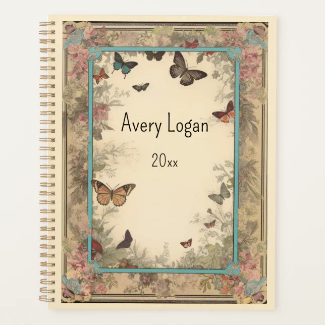 Vintage Paper with Flowers and Butterflies Planner | Zazzle