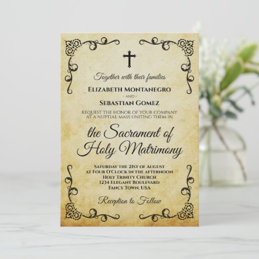 Vintage Parchment Catholic Nuptial Mass Wedding Invitation | Zazzle