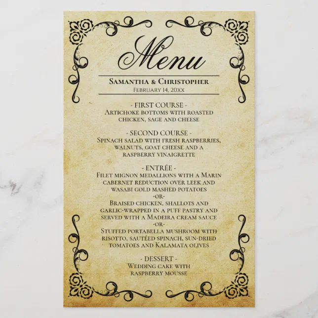 Vintage Parchment & Scrolls Budget Wedding Menu | Zazzle
