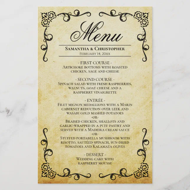 Vintage Parchment & Scrolls Budget Wedding Menu | Zazzle