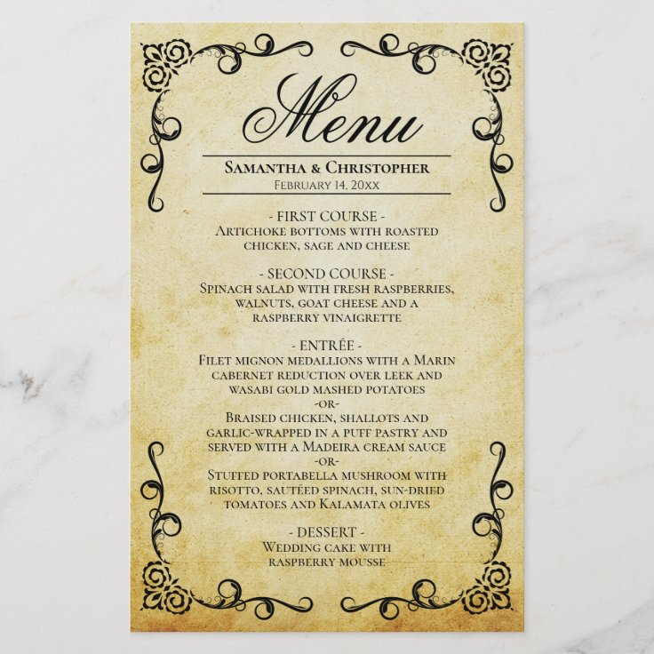Vintage Parchment & Scrolls Budget Wedding Menu | Zazzle