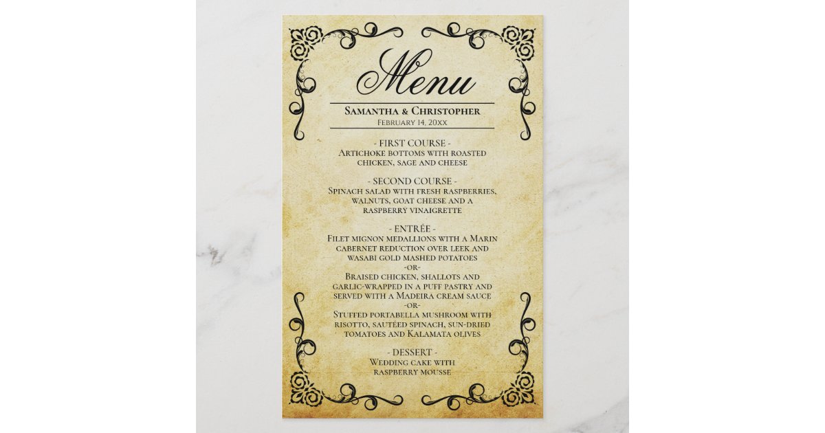 Vintage Parchment & Scrolls Budget Wedding Menu | Zazzle