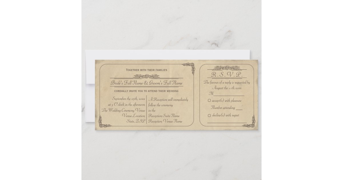 Vintage Parchment Ticket Wedding Invite and RSVP | Zazzle