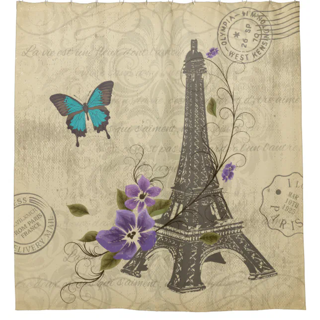 Vintage Paris Floral Eiffel Tower Butterfly Damask Shower Curtain | Zazzle