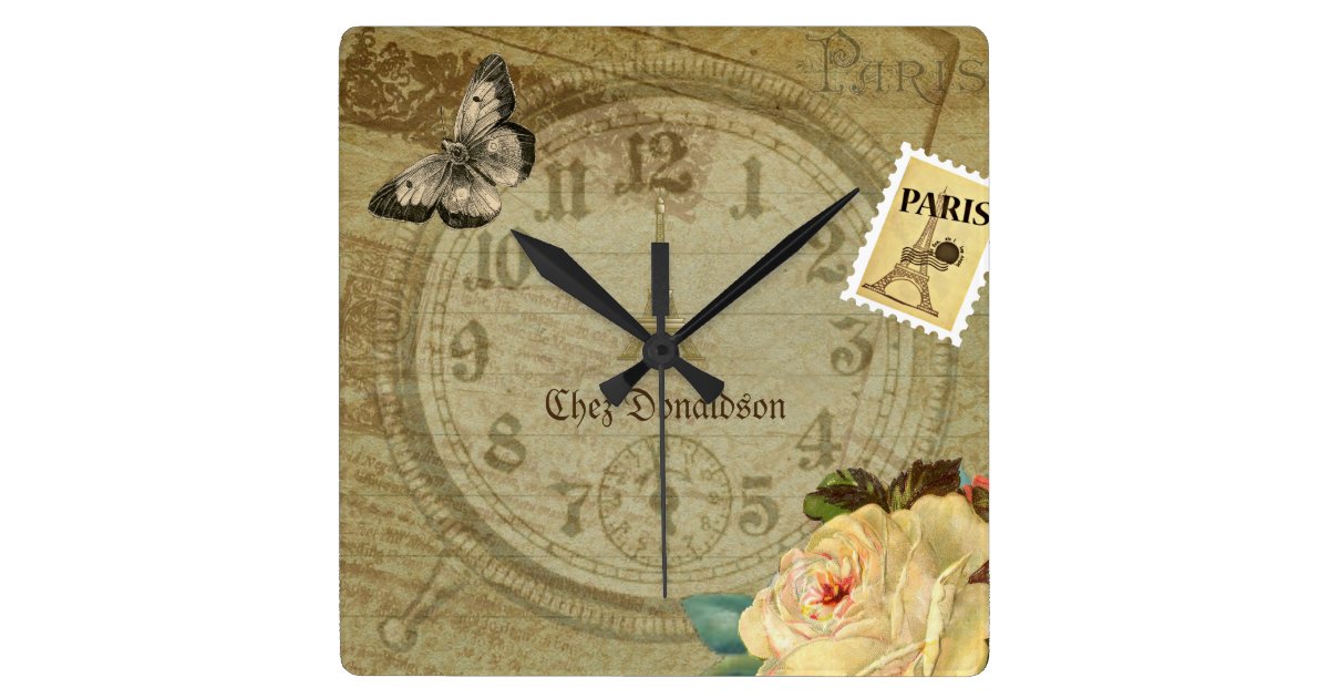 Vintage Paris themed French customizable Square Wall Clock | Zazzle