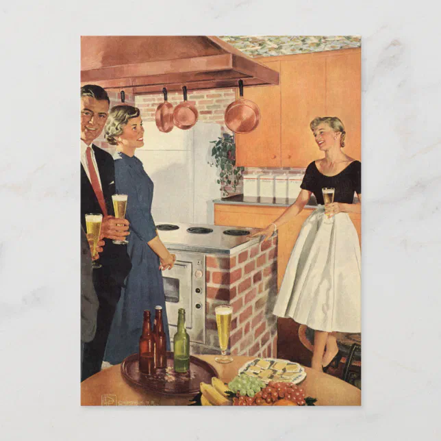 Vintage Party in the Kitchen, Beer and Appetizers Postcard | Zazzle